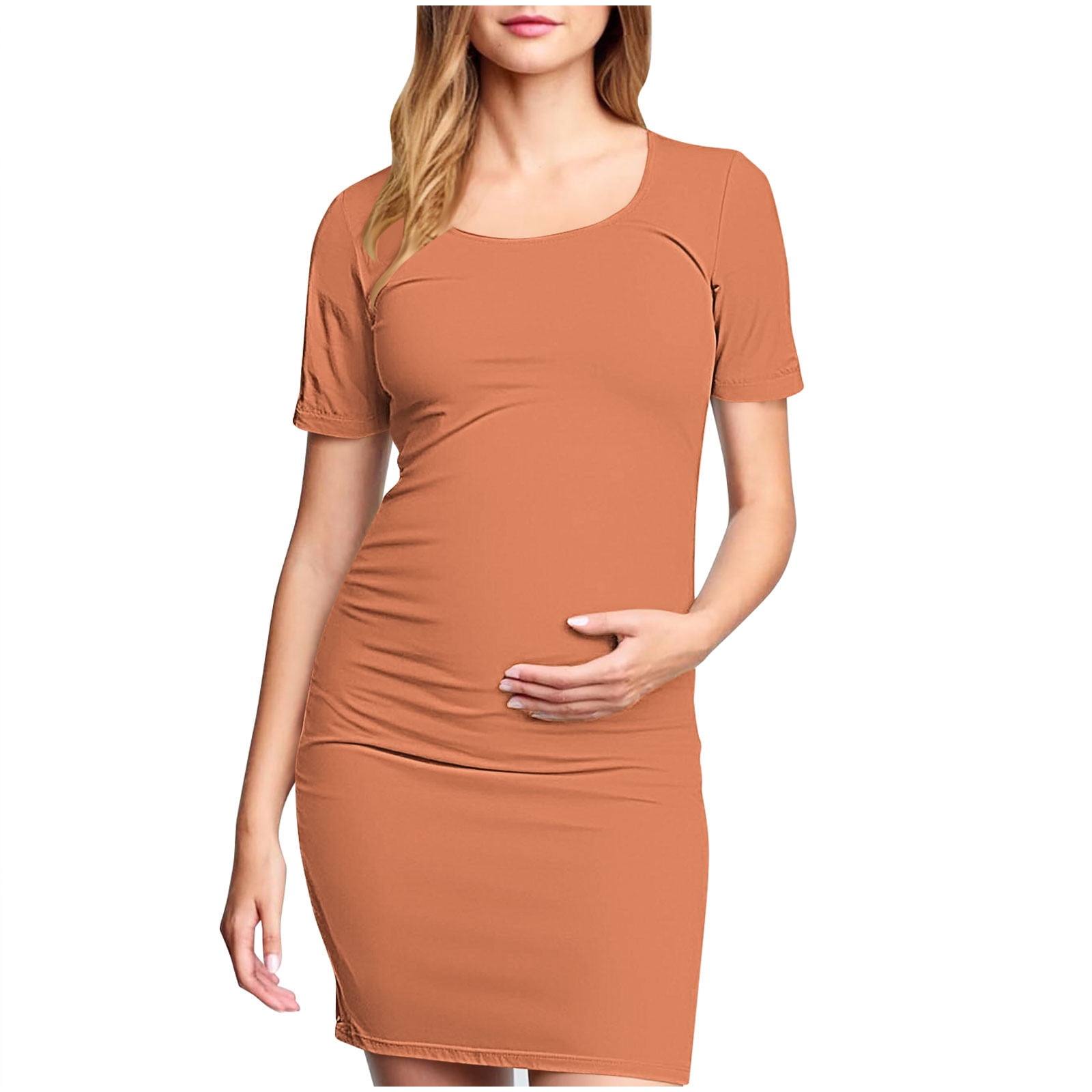 Fengqque Maternity Pleated Dress with Short Sleeves and Round Neck ...