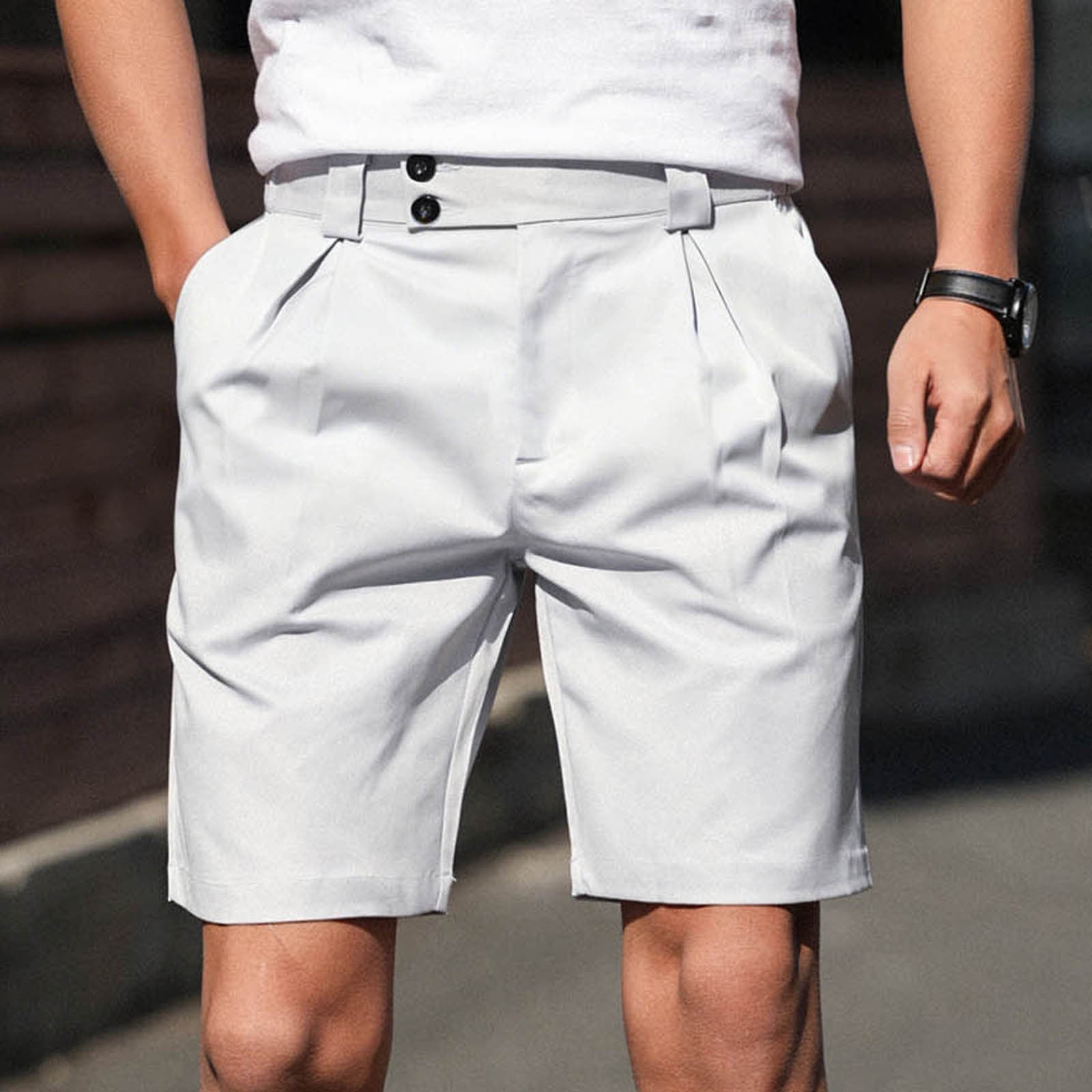 Fengqque Men's Business Elastic Waist Button Shorts Pants with Buttons ...