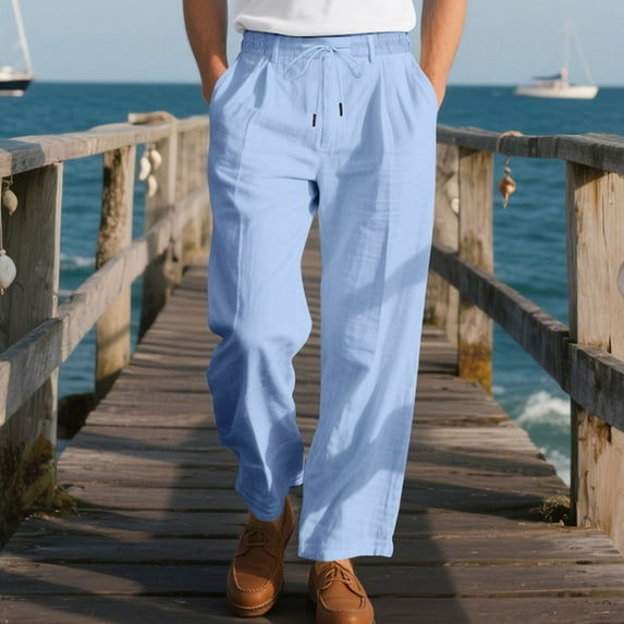 Fengqque Men's Cotton Linen Pants Elastic Waist Drawstring Casual ...