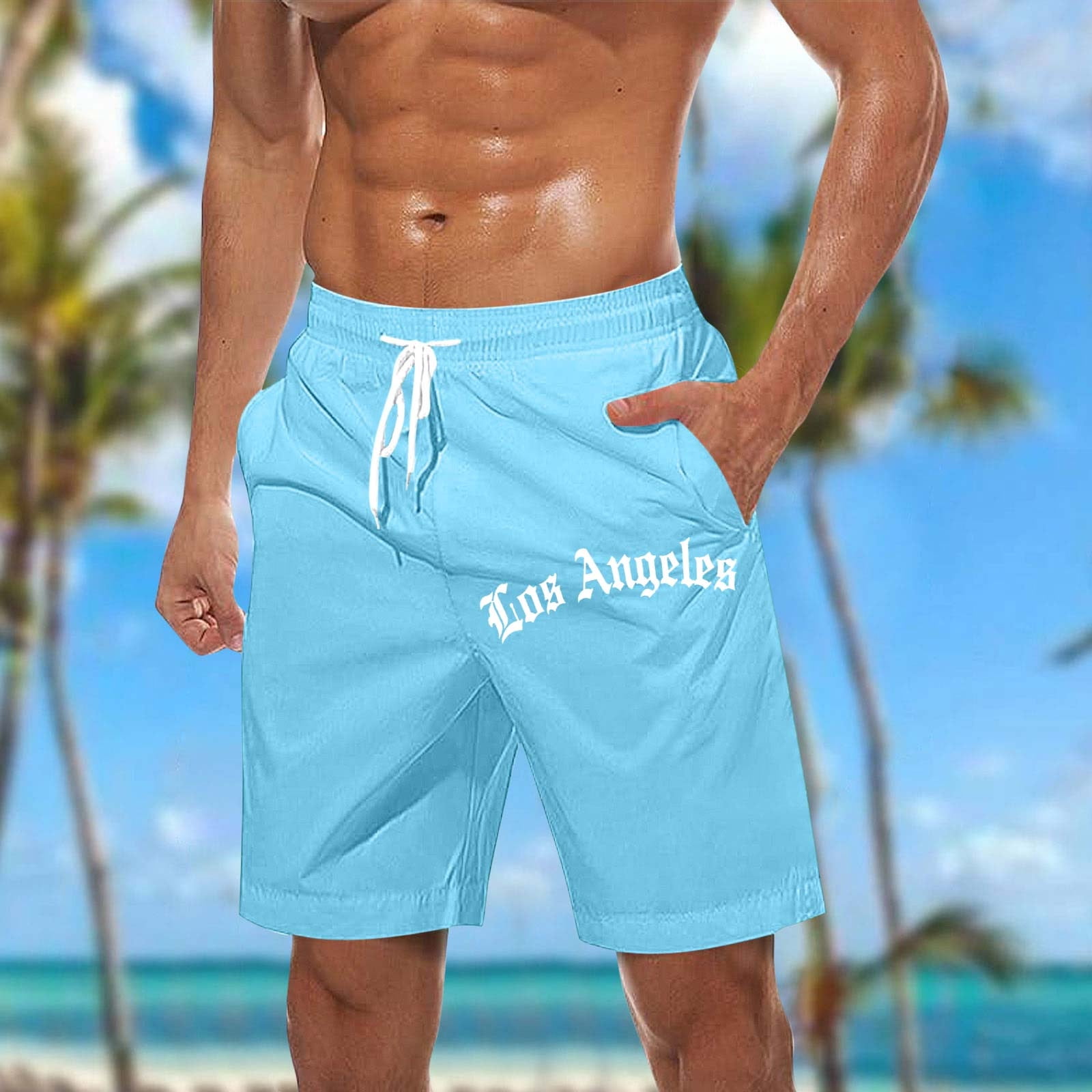 Fengqque Men's Elastic Waist Drawstring Letter Print Casual Summer ...