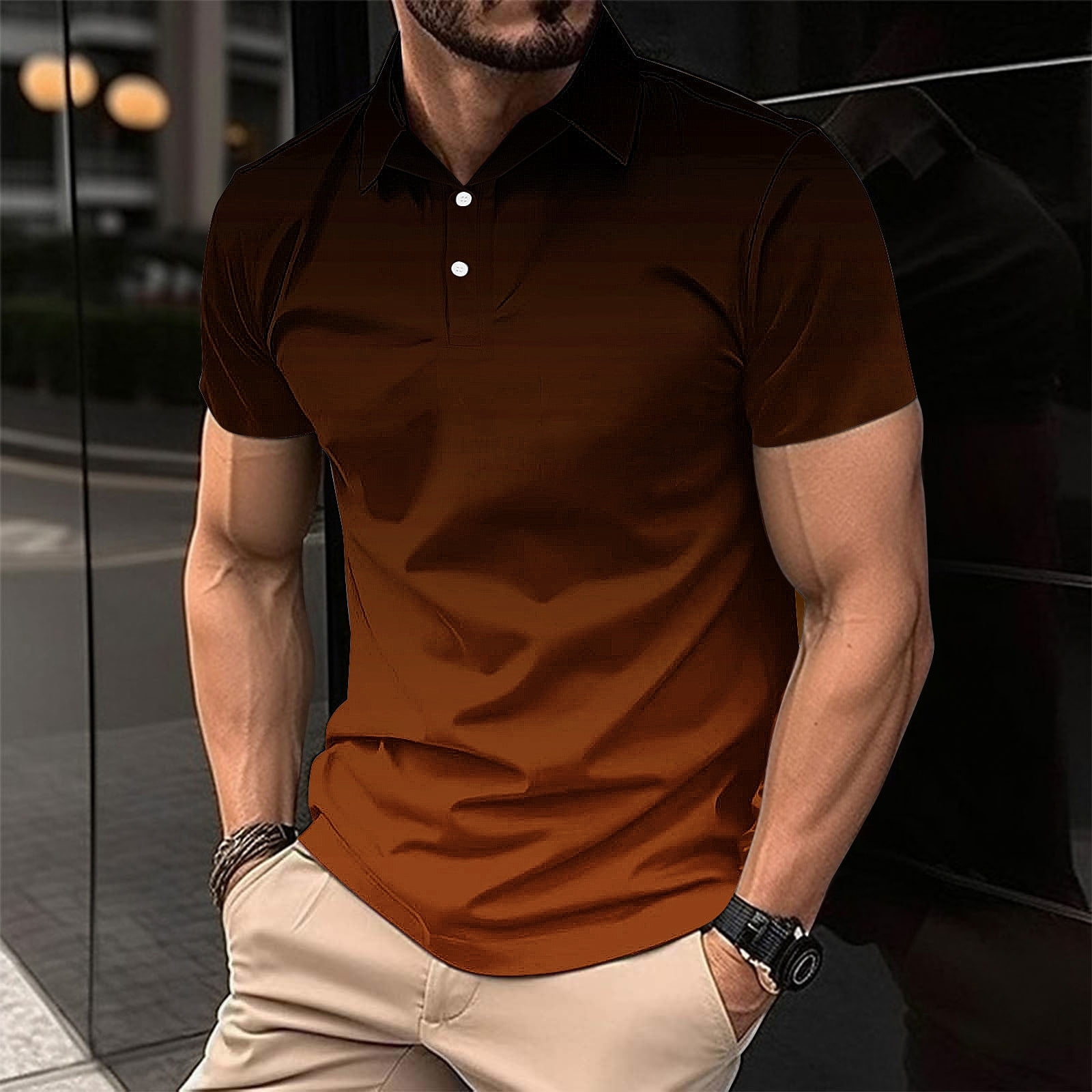 Fengqque Men's Gradient Color Casual Polo Shirts Short Sleeve Classic ...