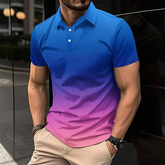 Fengqque Men's Gradient Color Casual Polo Shirts Short Sleeve Lapel ...