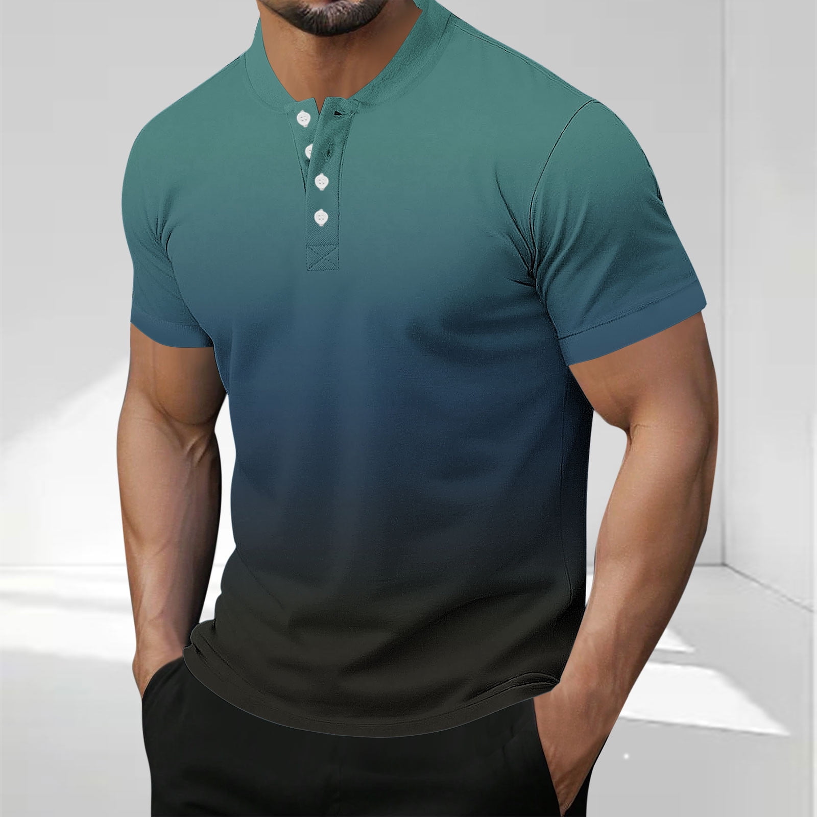 Fengqque Men's Gradient Color Short Sleeve Round Neck Quarter Button ...