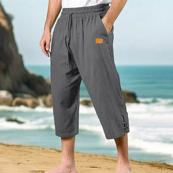 Fengqque Men's Imitation Cotton and linen Capri Pants Lightweight Loose ...