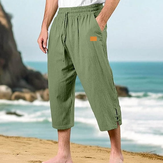 Fengqque Men's Imitation Cotton and linen Capri Pants Lightweight Loose ...