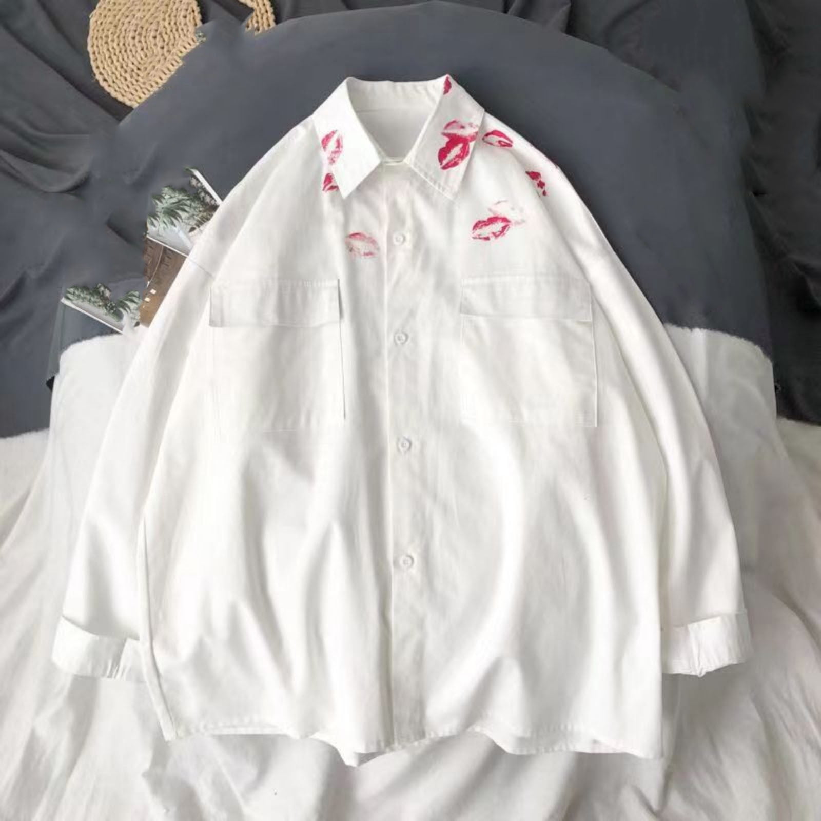 Fengqque Men's Kiss Print Long Sleeved Lapel Shirt Top Jacket Long ...