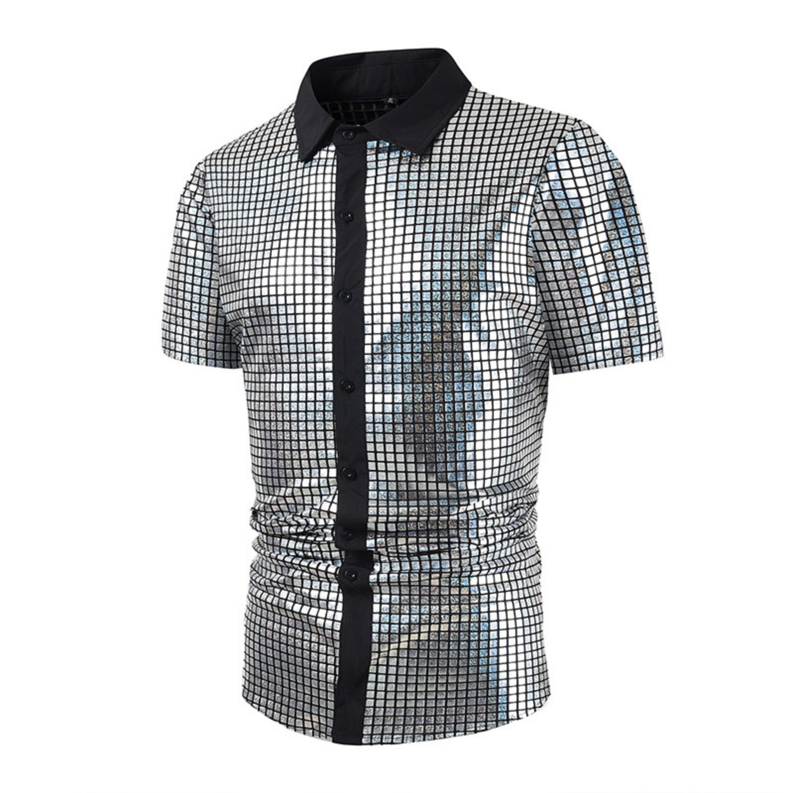Fengqque Men's Relaxed Short Sleeve Lapel Sparkle Sequins Shirts 70s ...