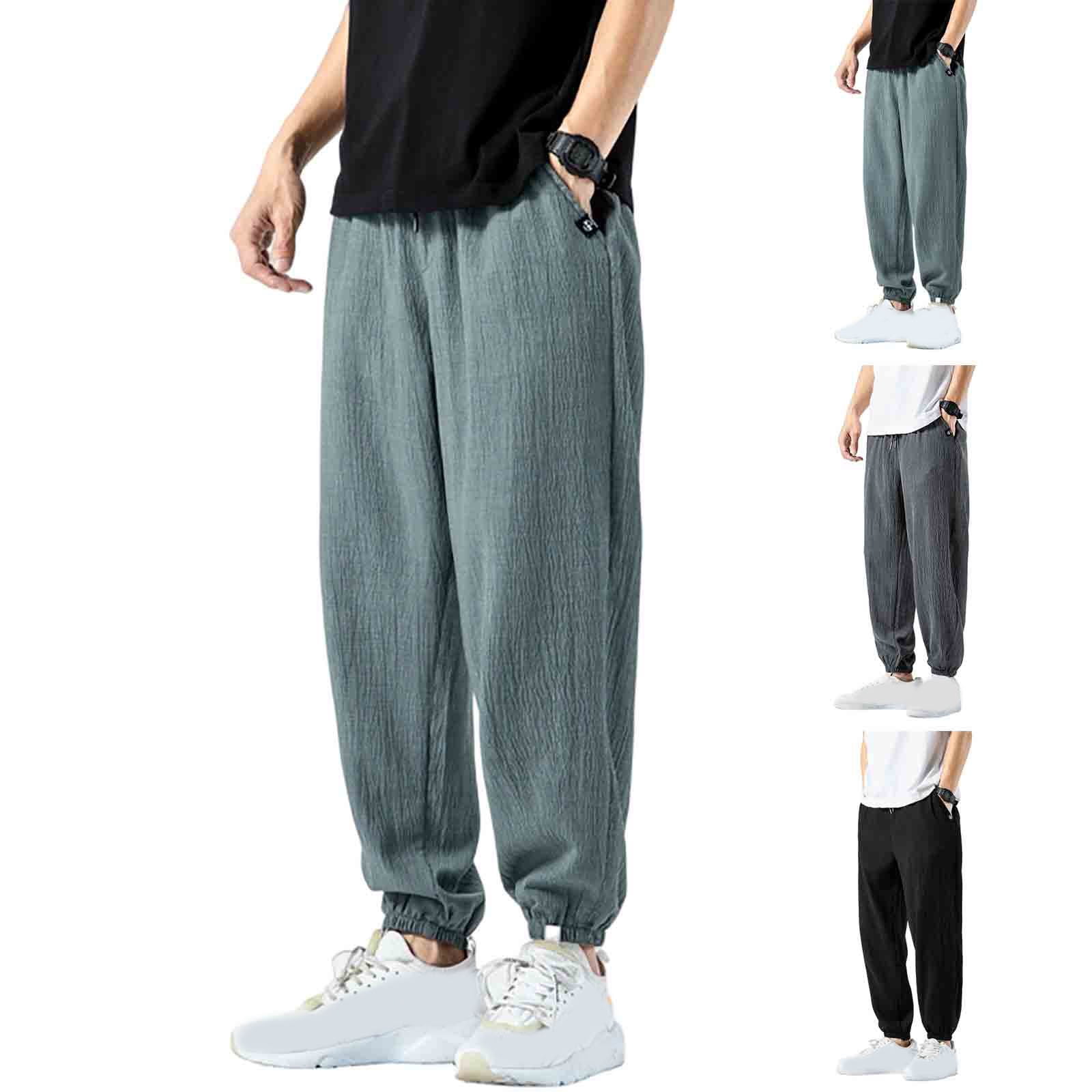 Fengqque Men's Solid Color Drawstring Summer Thin Loose Leg Pants ...