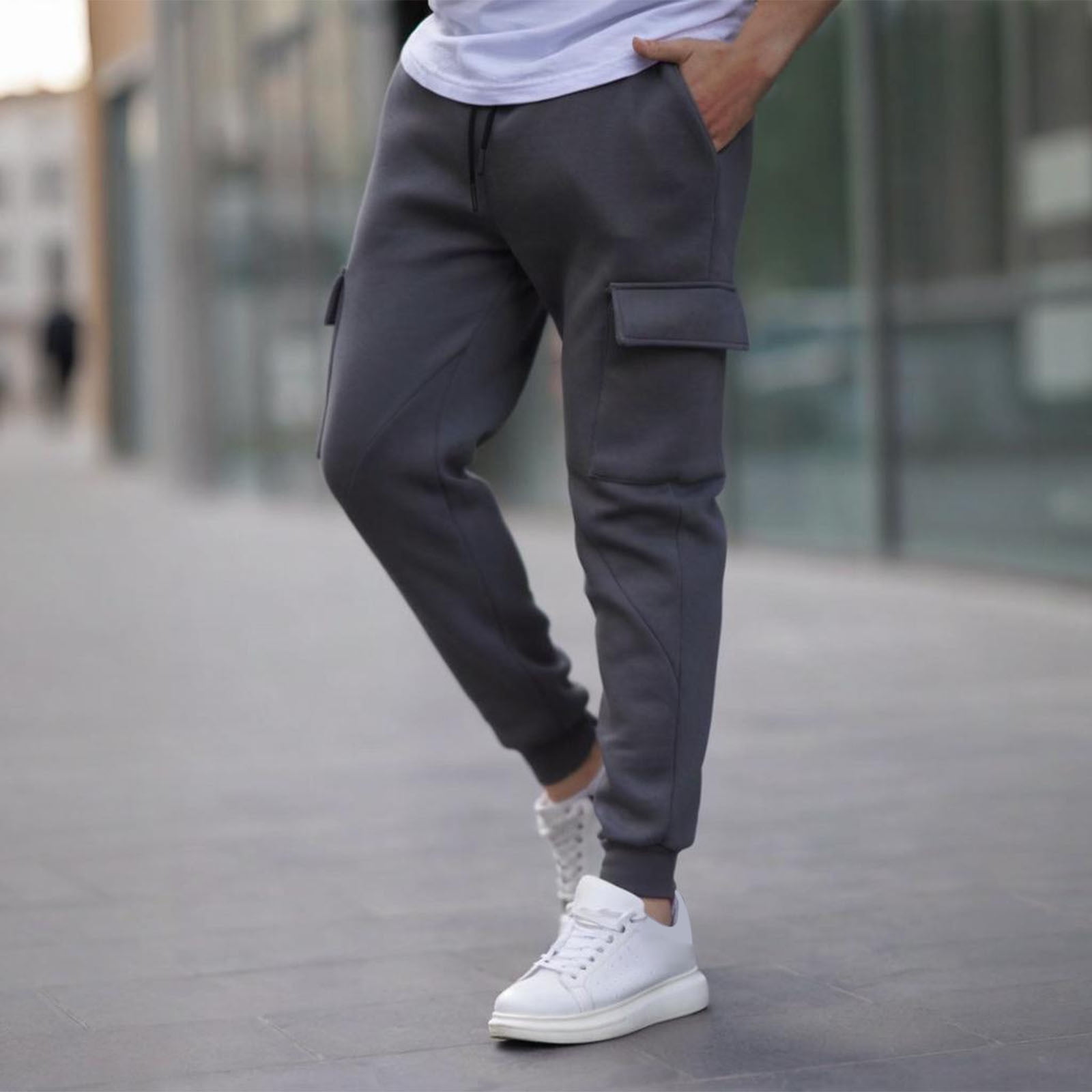 Fengqque Men's Solid Color Elastic Waist Drawstring Cargo Pants Multi ...