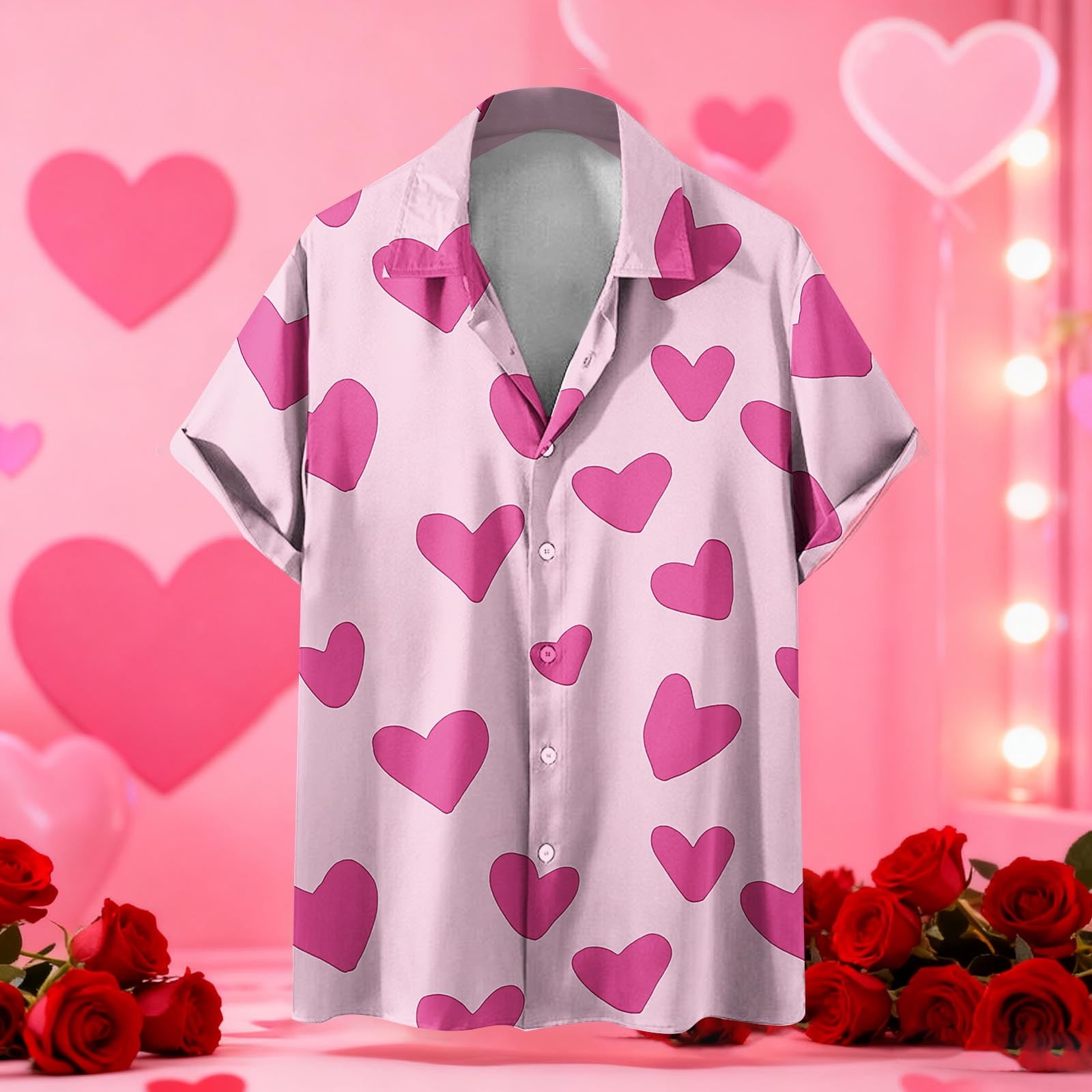 Fengqque Men's Valentine's Day Gift Short Sleeve Lapel Button Heart ...