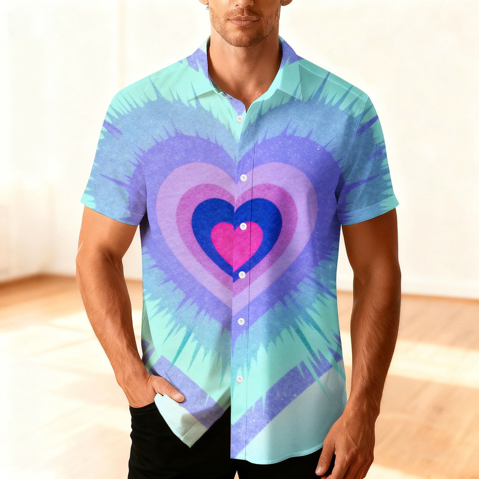 Fengqque Men's Valentine's Day Gift Short Sleeve Lapel Button Multi ...