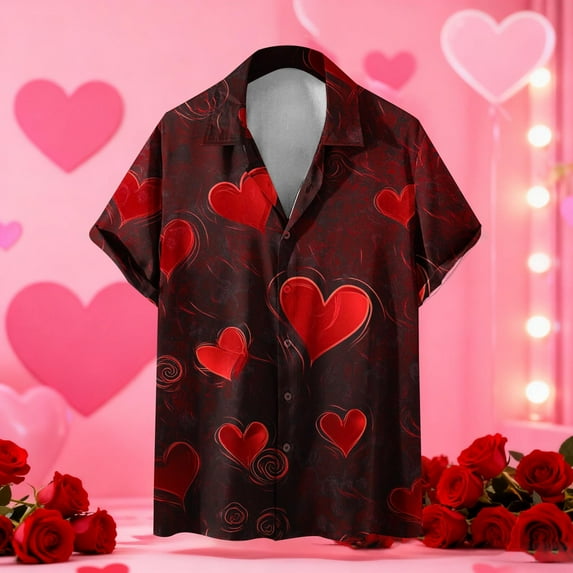 Fengqque Men's Valentine's Day Gift Short Sleeve Lapel Button Red Heart ...