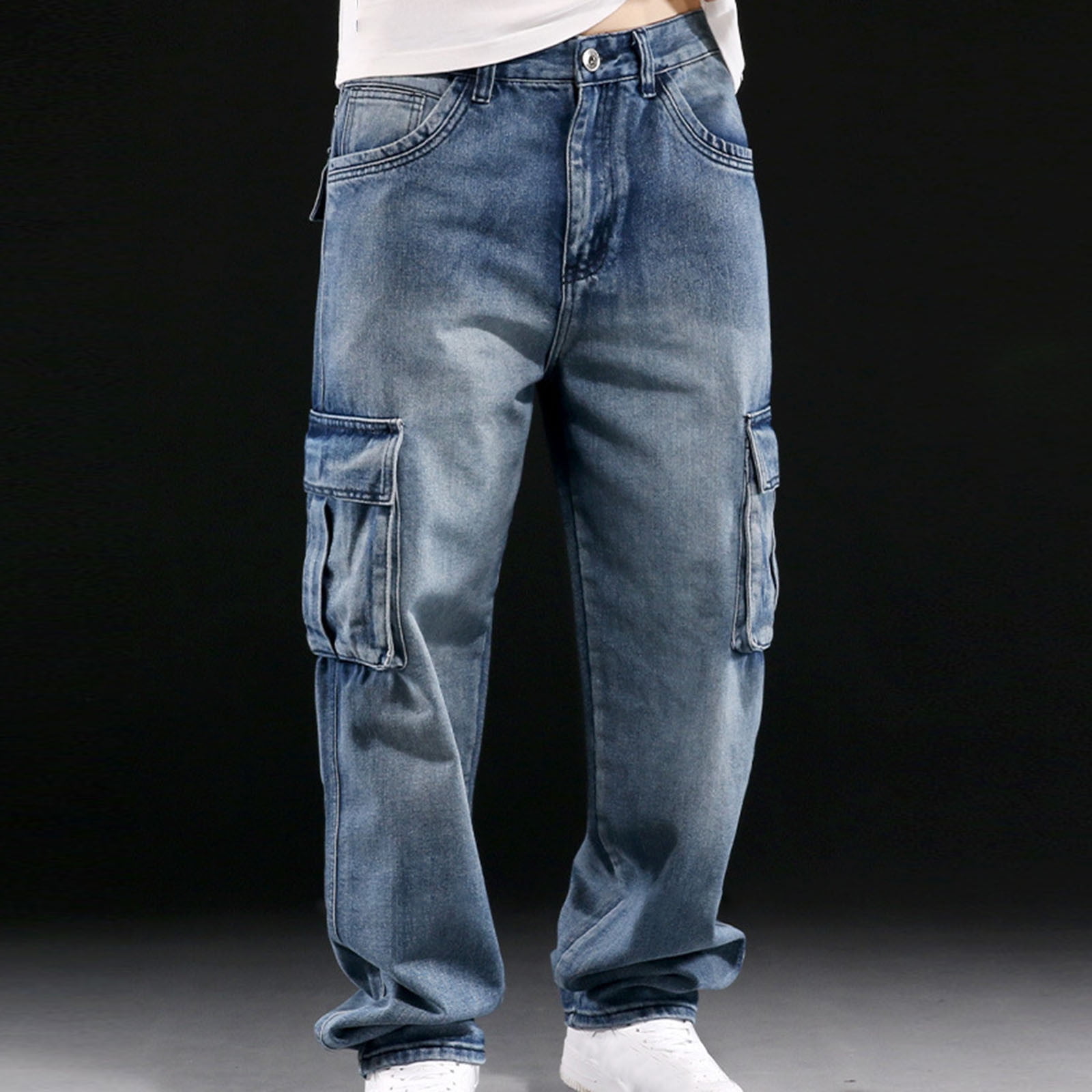 Fengqque Mens Baggy Jeans Y2k Vintage Plain Pants Multiple Pockets ...