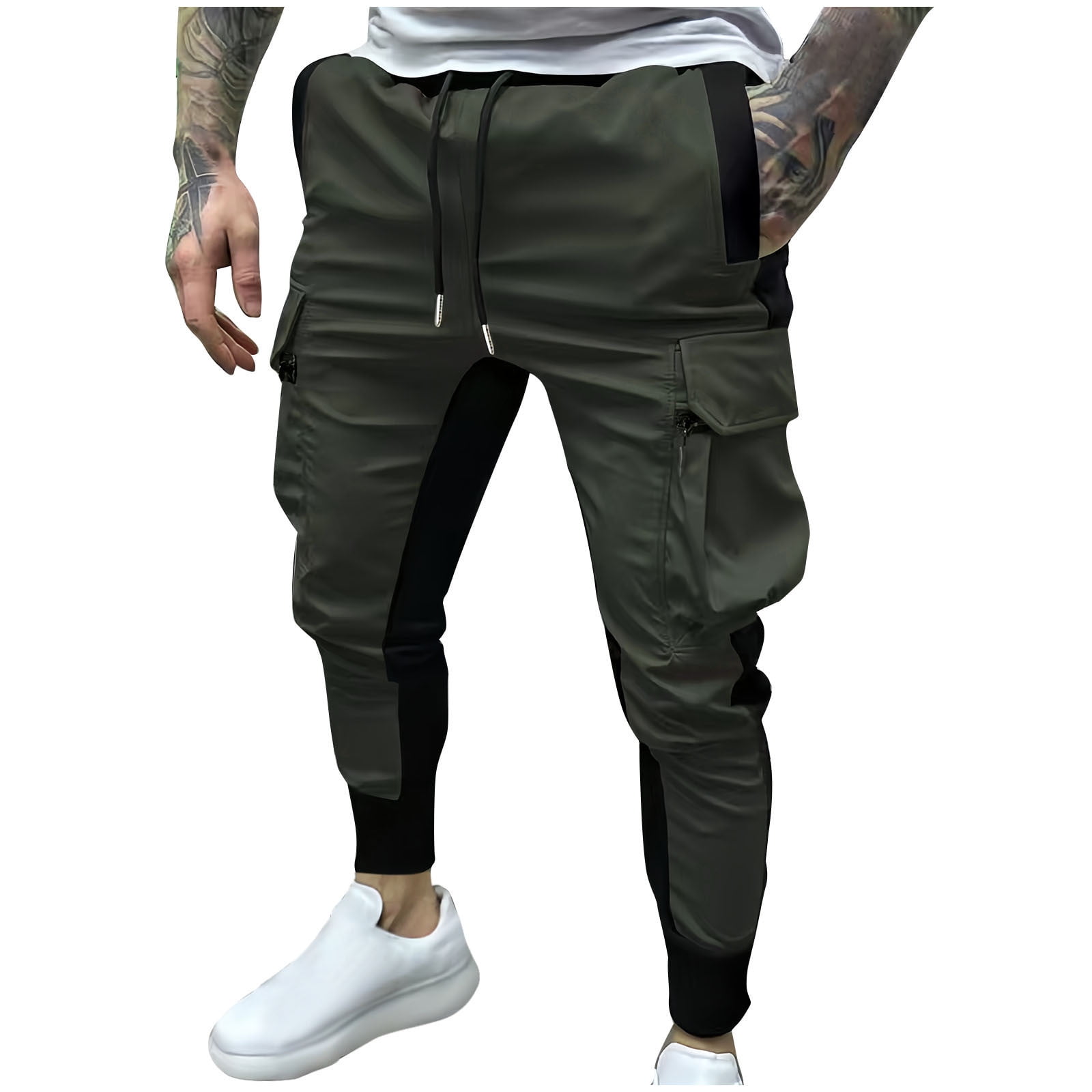 Fengqque Mens Cargo Pants Tapered Pants Elastic Waist Drawstring Pocket ...