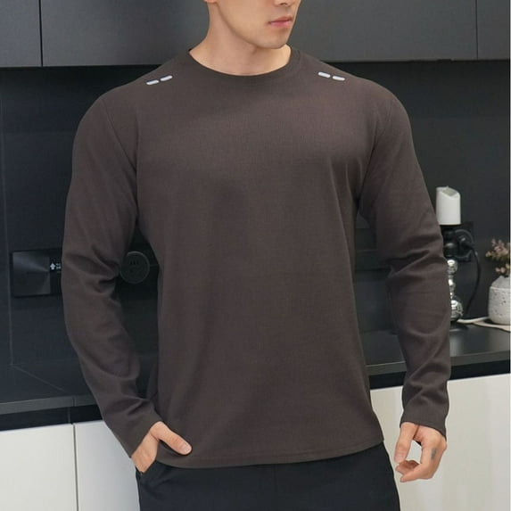 Fengqque Mens Fashion Casual Solid Color Long Sleeve Round Neck Muscle ...