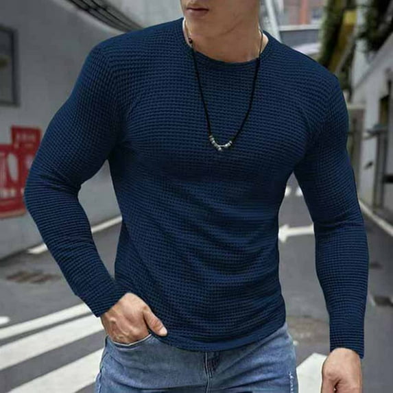 Fengqque Mens Fashion Casual Waffle Long Sleeve Crew Neck Solid Color ...