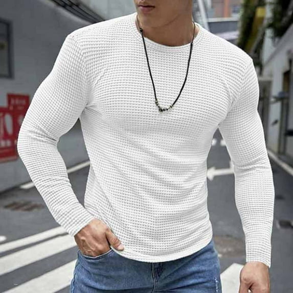 Fengqque Mens Fashion Casual Waffle Long Sleeve Crew Neck Solid Color ...