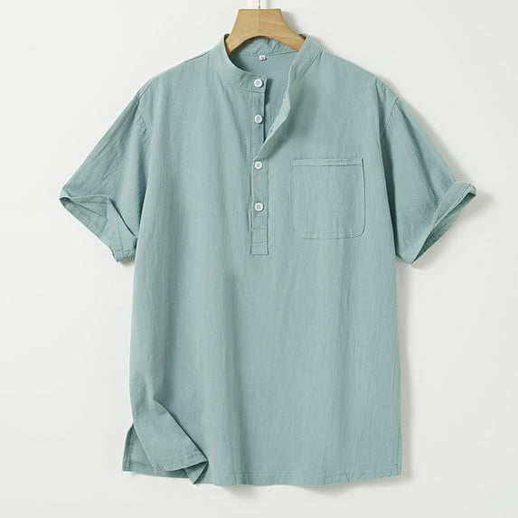 Fengqque Mens Linen-cotton Casual Shirts Short Sleeve Stand up Collar ...