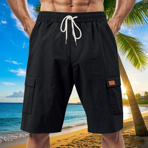 Fengqque Mens Linen-cotton Shorts Casual Summer Beach Shorts Elastic ...