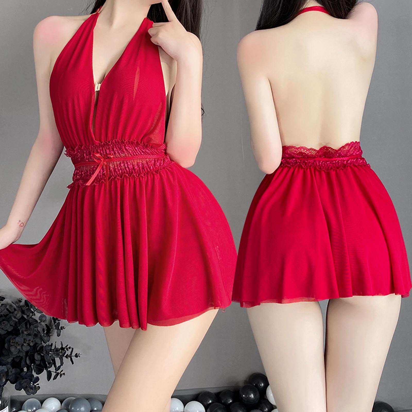 Fengqque Sexy Women Lingerie Lace Deep V Neck Halter Mesh Temptation