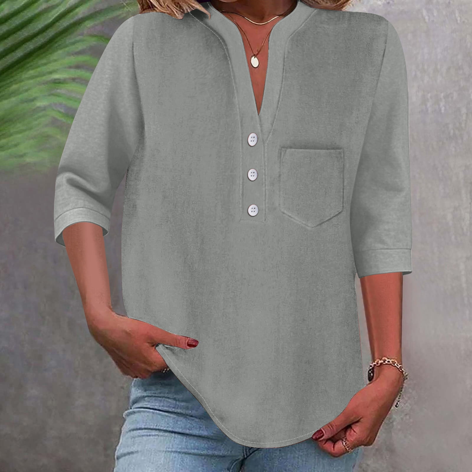 Fengqque V Neck Basic T Shirts for Women,Women Half Button V-neck ...