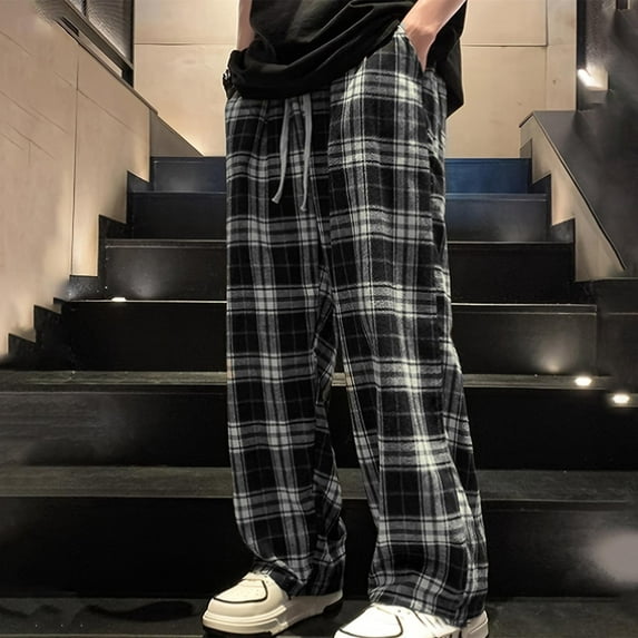 Fengqque Wide-leg Pants Men,Elastic Waist Drawstring Plaid Pajama Pants ...