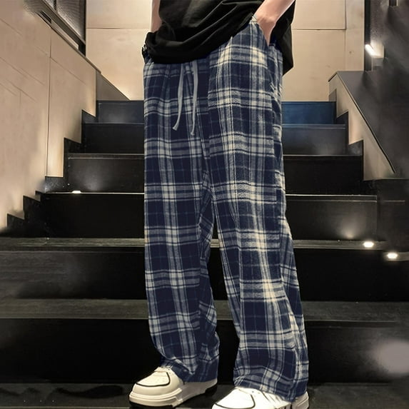 Fengqque Wide-leg Pants Men,Elastic Waist Drawstring Plaid Pajama Pants ...