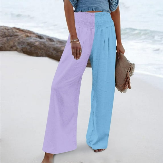 Fengqque Women Color Blocking Wide Leg Pants Casual High Waist Elastic ...
