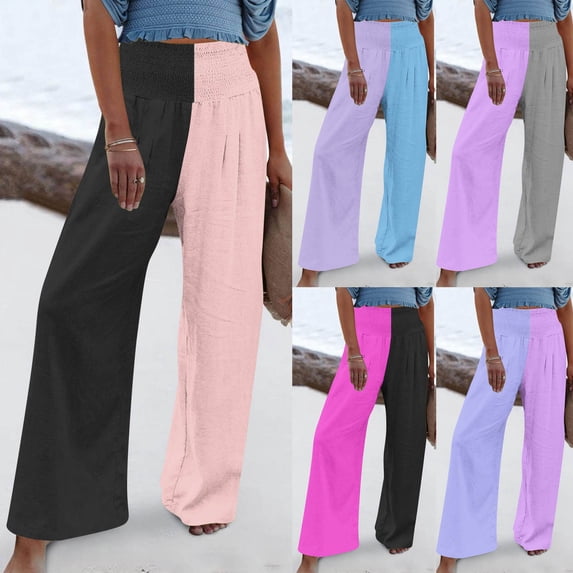 Fengqque Women Color Blocking Wide Leg Pants Casual High Waist Elastic ...