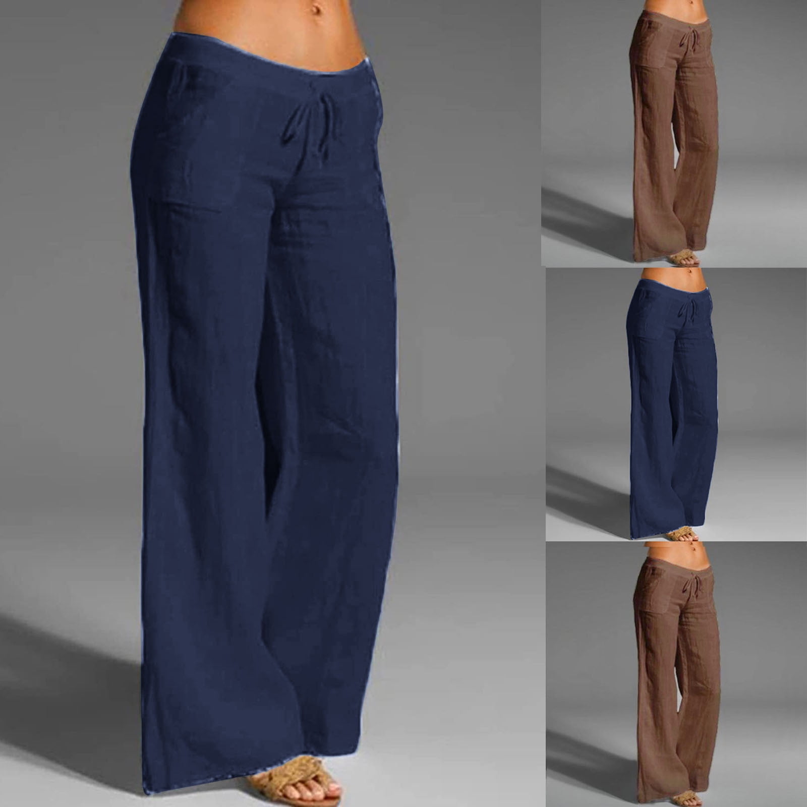 Fengqque Women Solid Color Cotton Linen Drawstring Wide Leg Pants ...