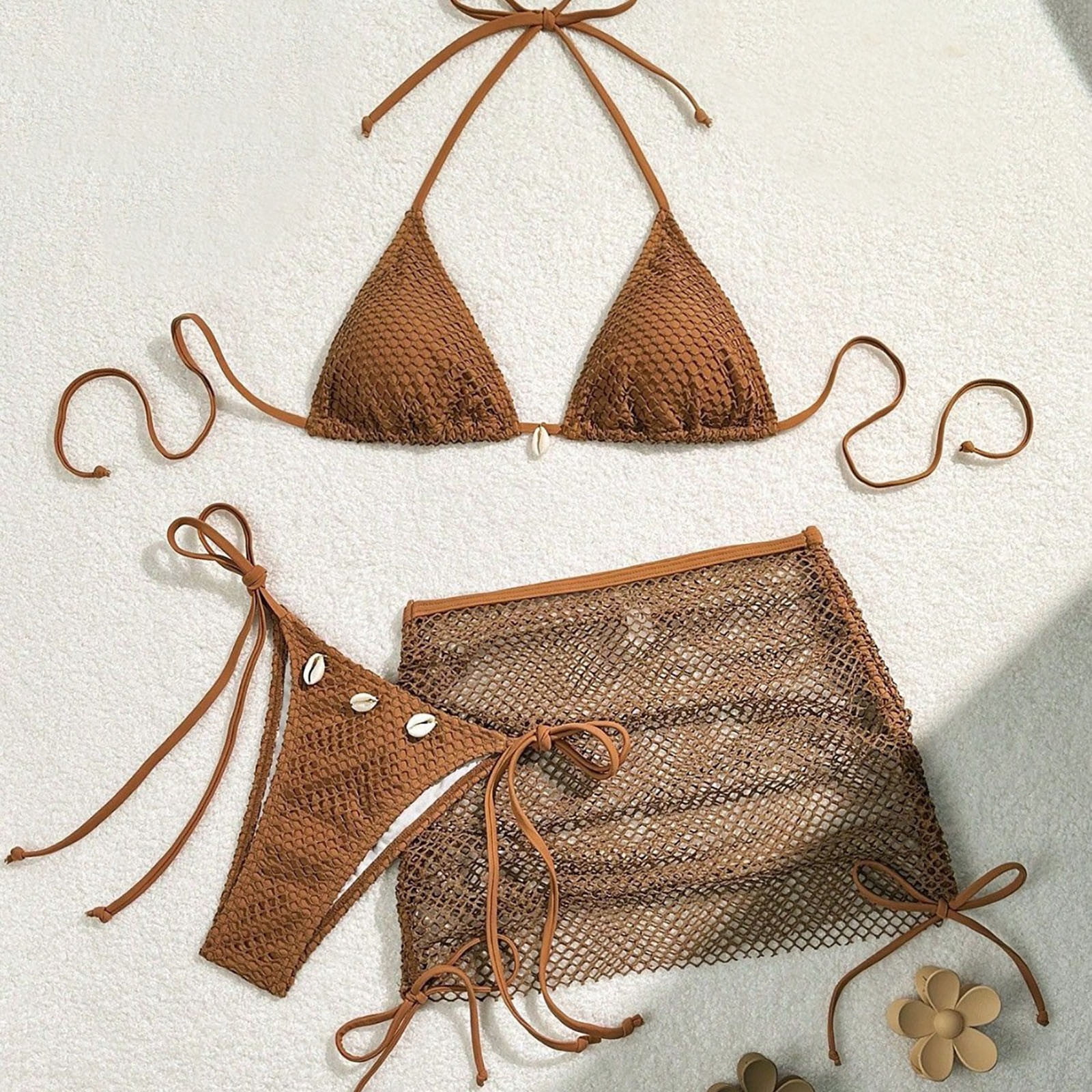 Fengqque Women's 3 Piece Solid Color Bikini Set with Wrap Coverup ...