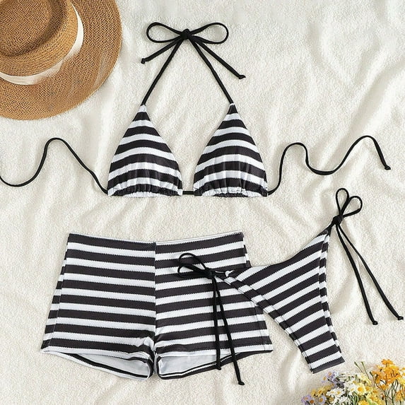Fengqque Women's 3 Piece Swimsuit Set Striped Print Bikini Set Backless ...