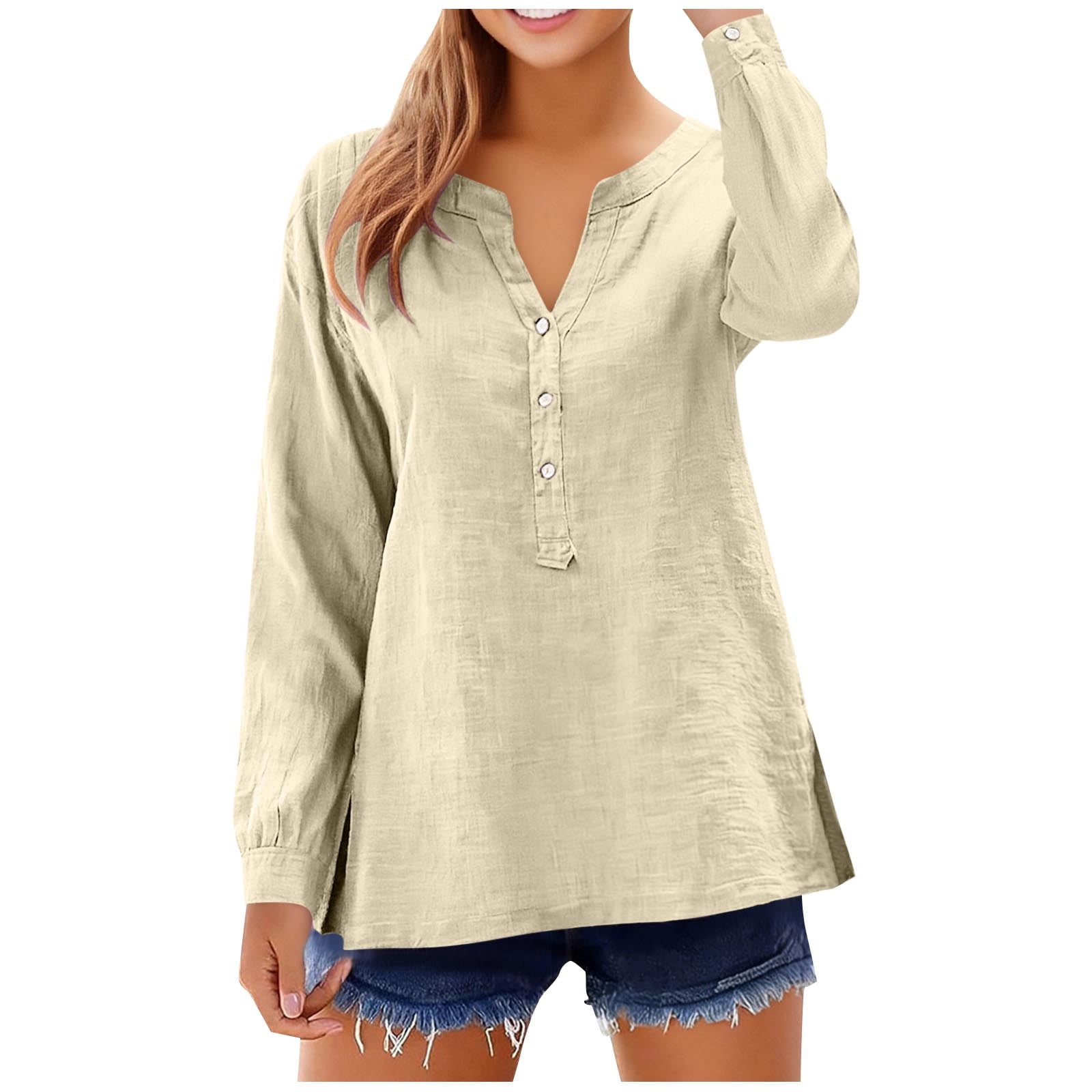 Fengqque Women's Cotton and Linen Solid Color Half Button Up Long ...
