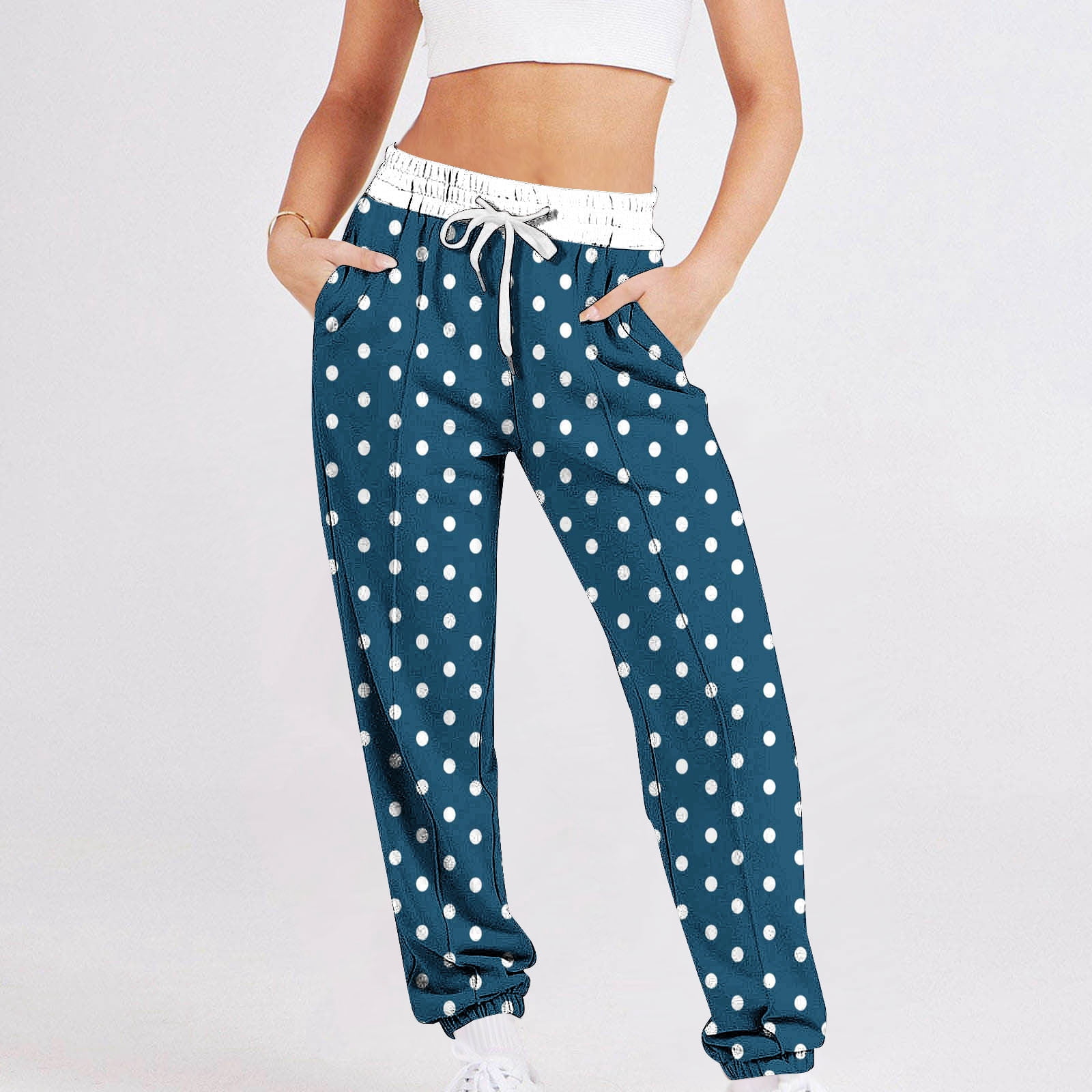 Fengqque Women's Elastic Waist Drawstring Polka Dot Print Loose ...