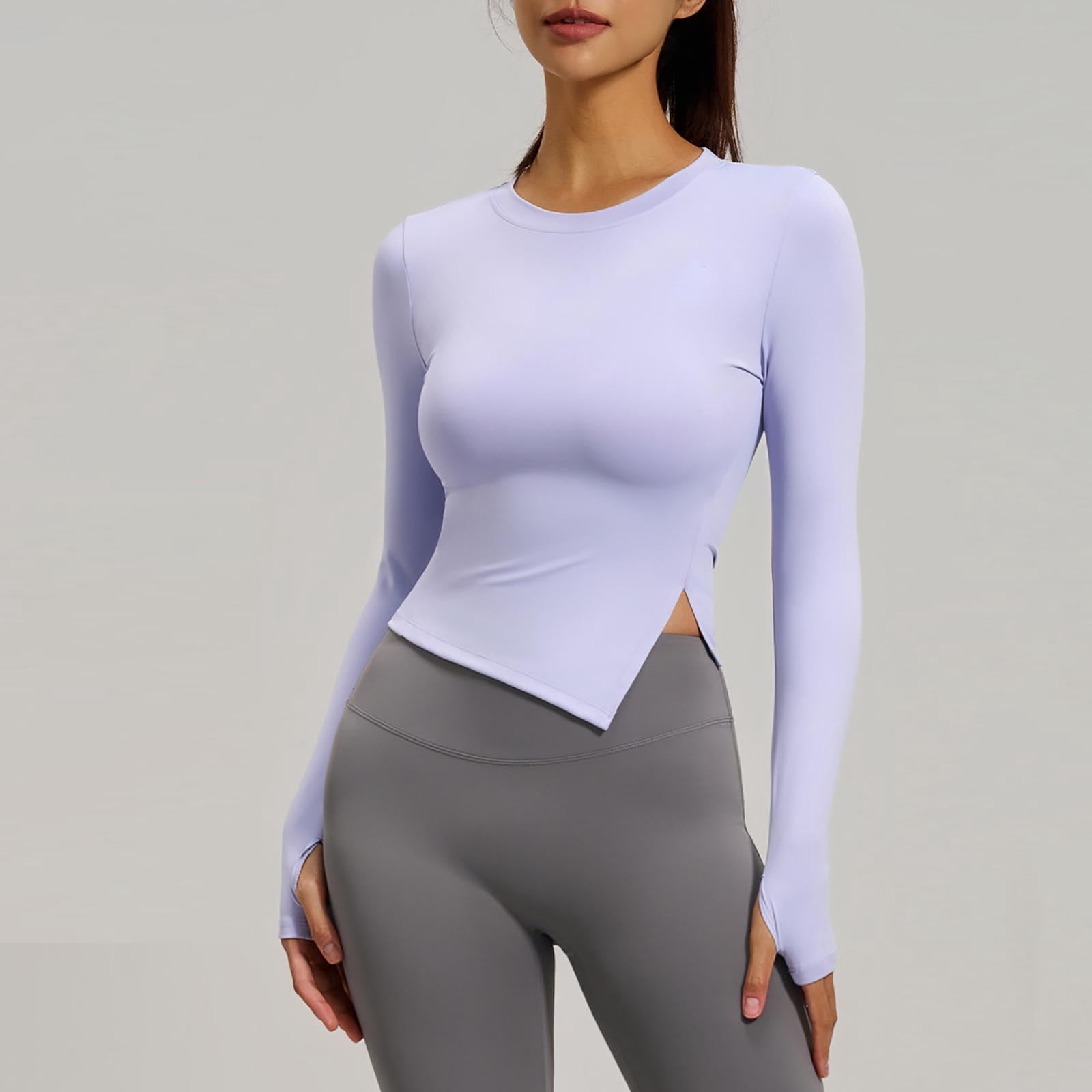 Fengqque Women's Fashion Casual Slim Fit Long Sleeved Round Neck Slit ...