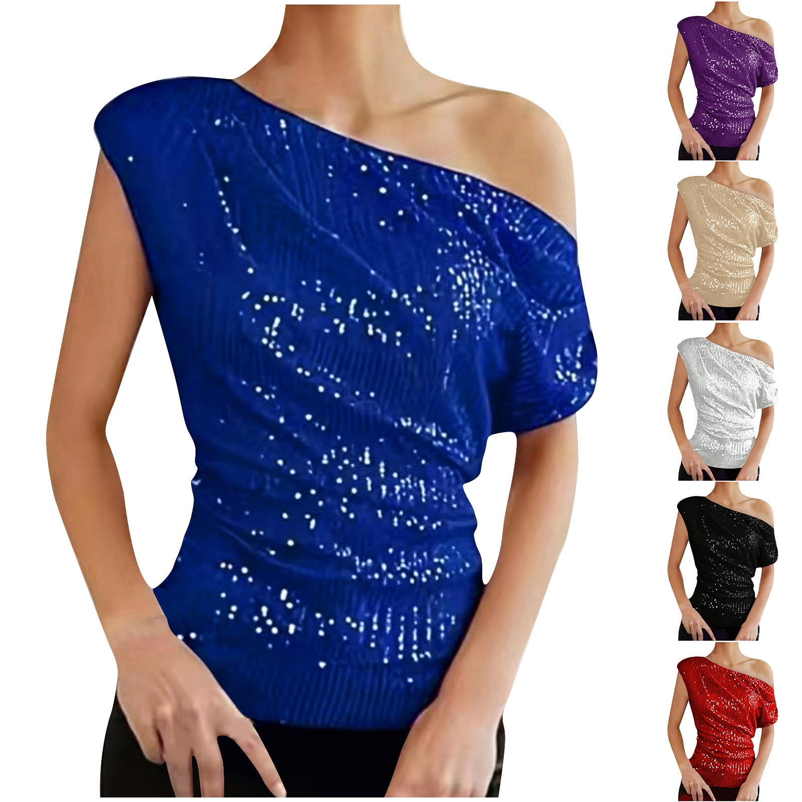 Fengqque Women's Fashion Casual Solid Color Sequin Short Sleeve Sloping ...
