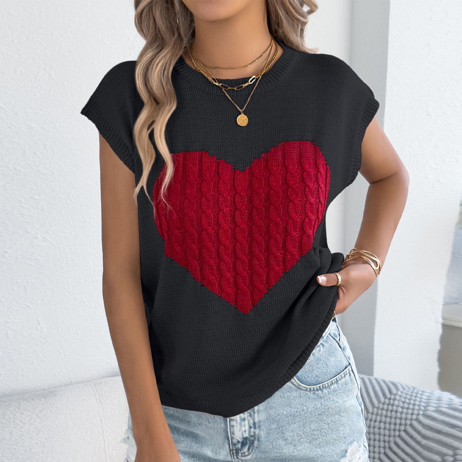 Fengqque Women's Fashion Sleeveless Round Neck Red Heart Print Loose ...