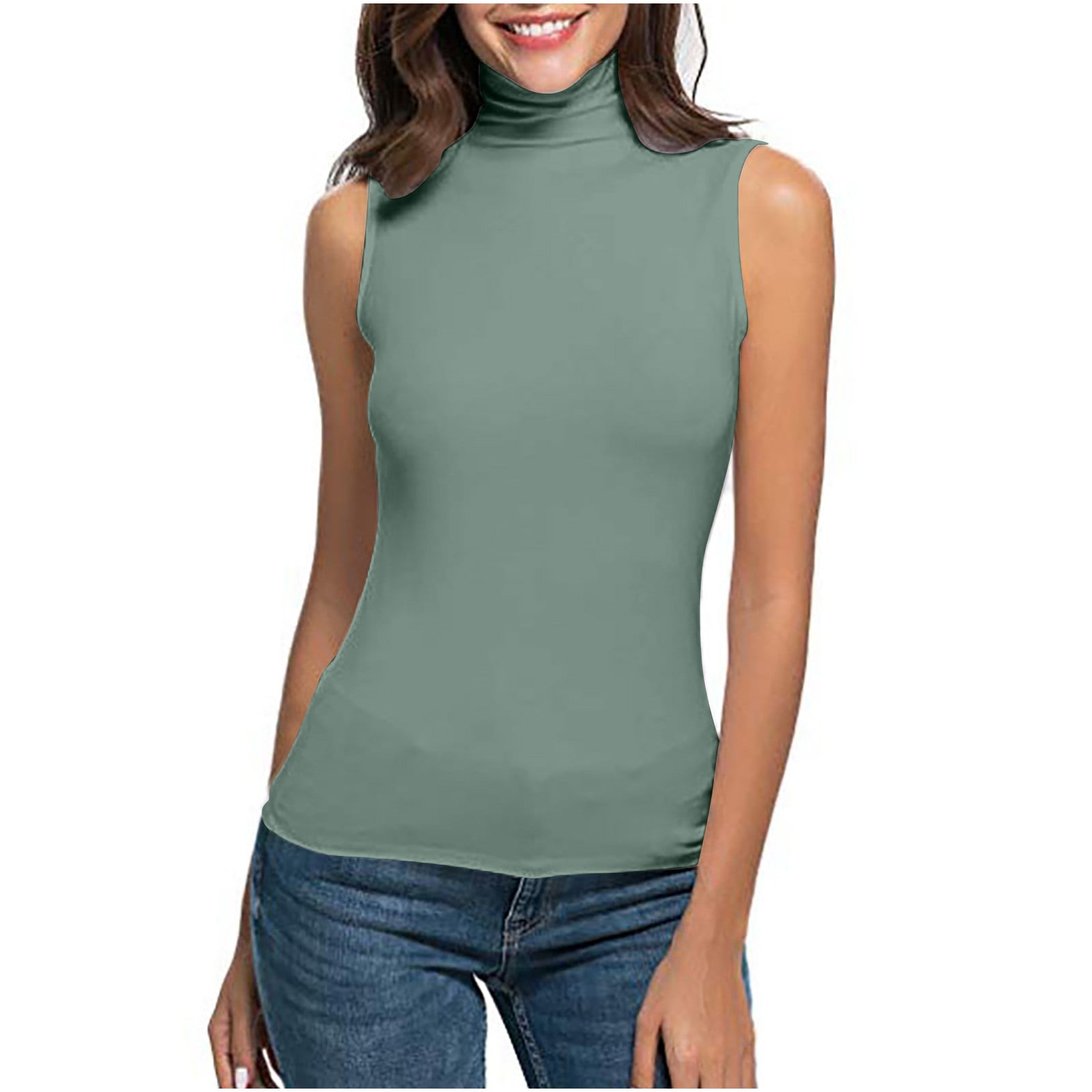 Fengqque Women's Fashionable Casual Solid Color Sleeveless High Neck ...