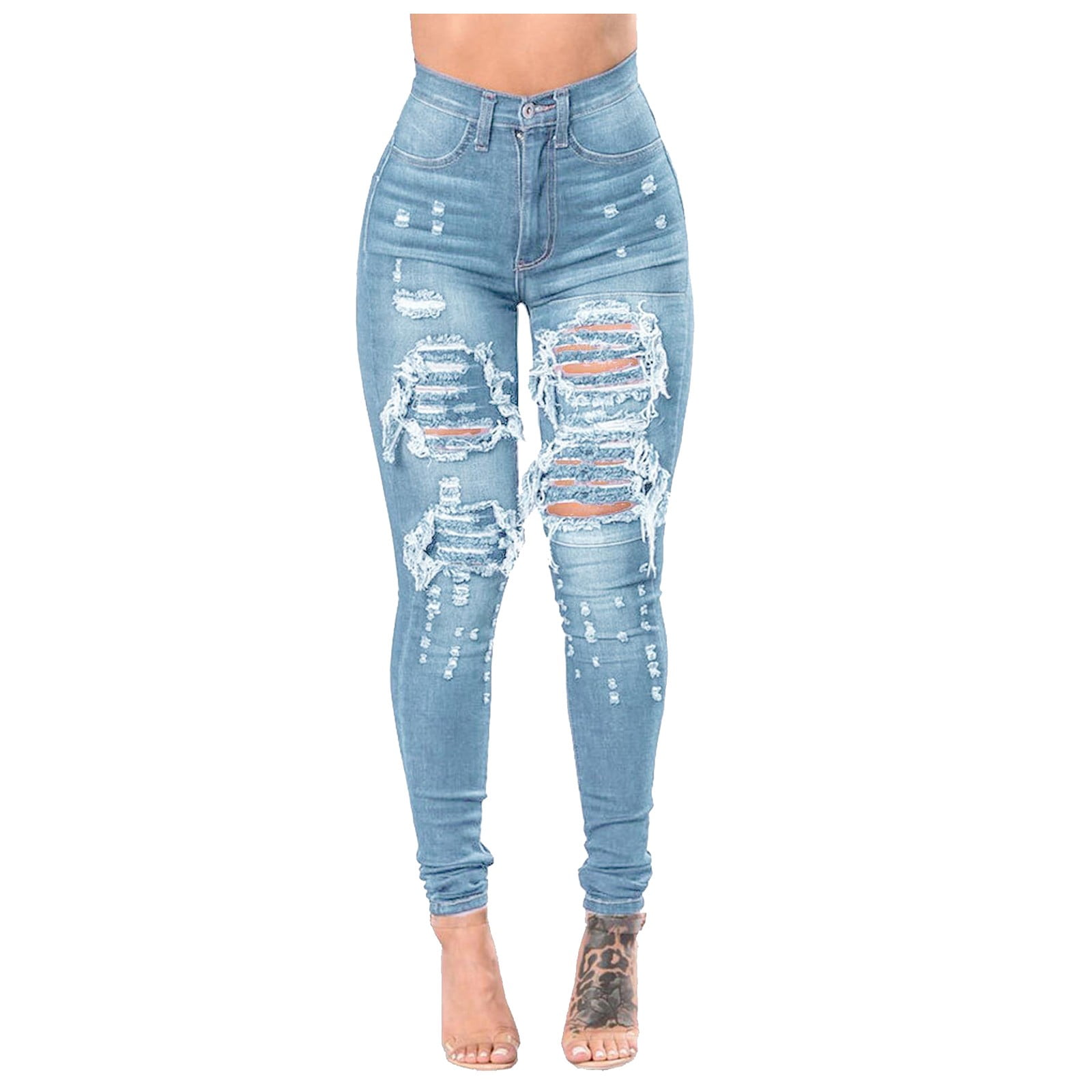 Fengqque Women's High Waisted Skinny Destroyed Ripped Hole Denim Pants ...