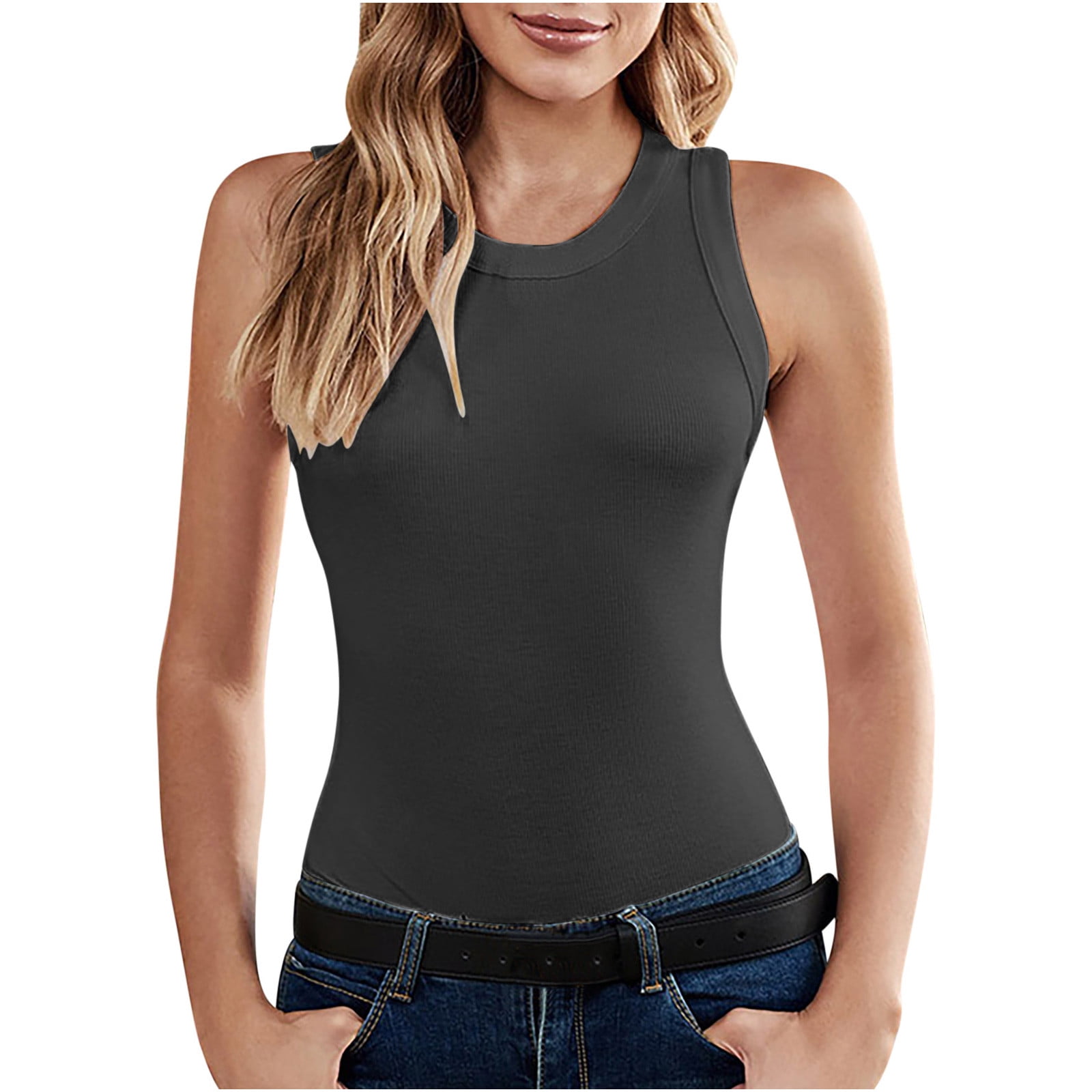 Fengqque Women's Knit Sleeveless Round Neck Solid Color Elastic and ...