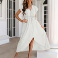Fengqque Women's Midi Dress V-Neck Ruffle Trim Wrap Side Slit Solid ...