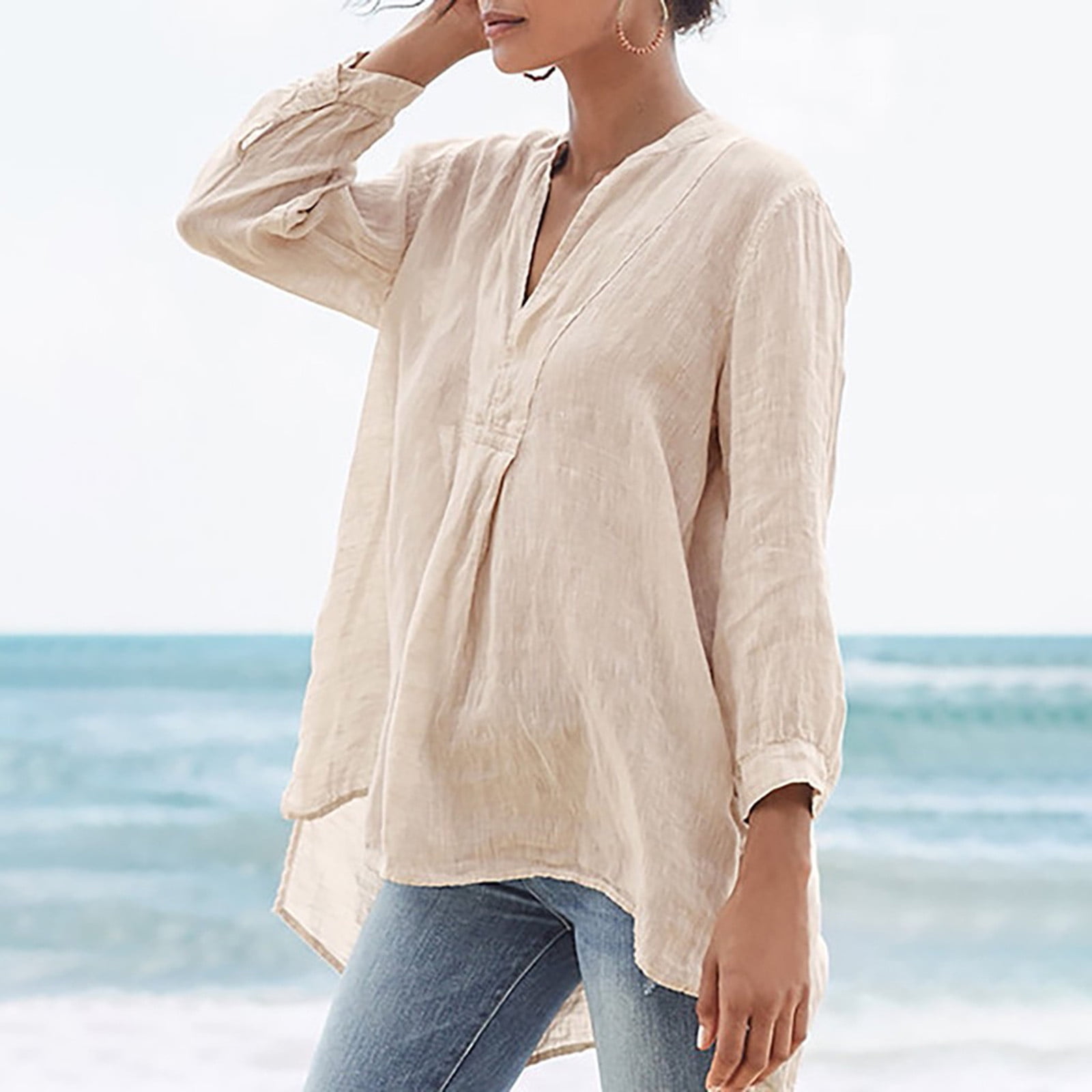 Fengqque Women's Plus Size Three-quarters Sleeve V-neck Linen-cotton ...