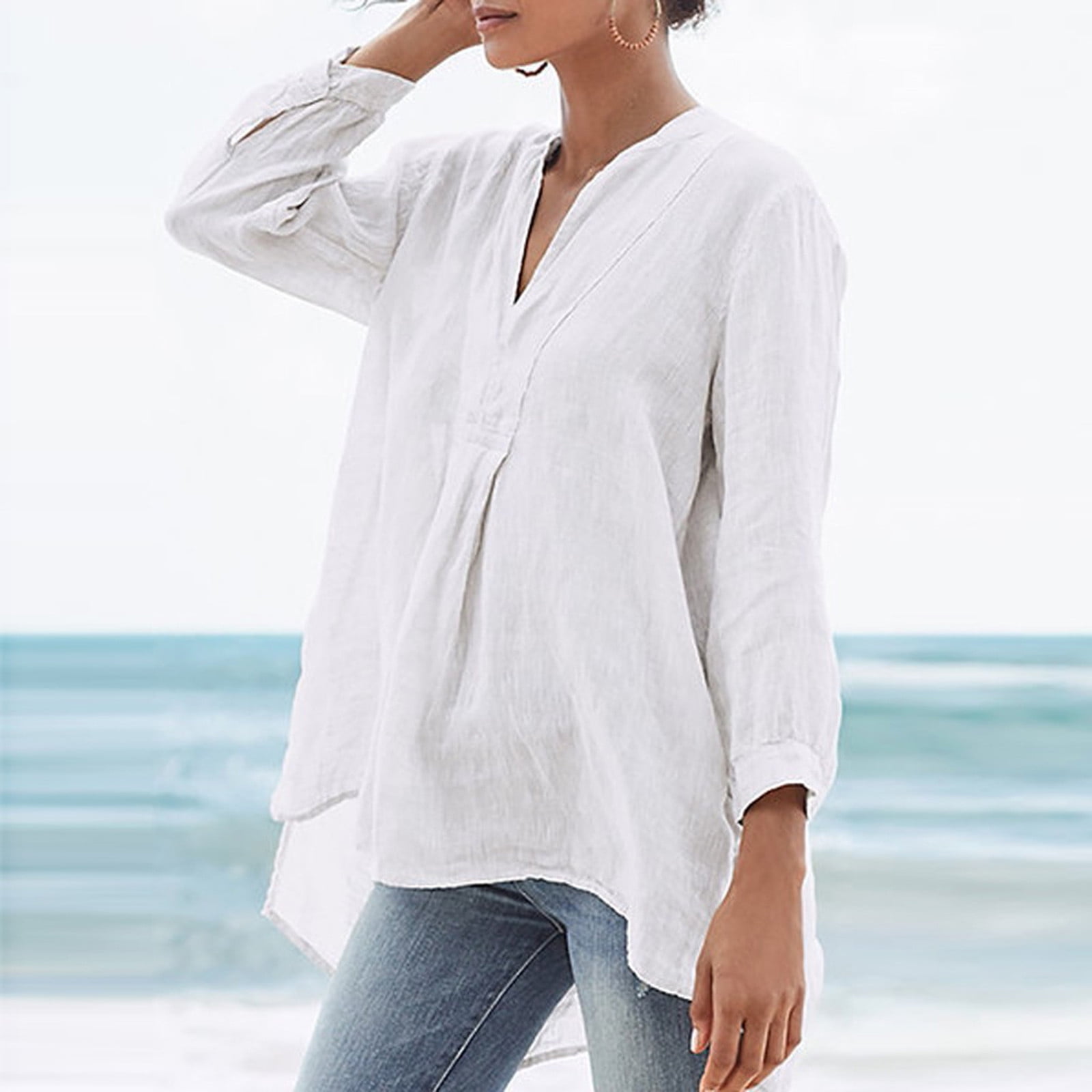 Fengqque Women's Plus Size Three-quarters Sleeve V-neck Linen-cotton ...