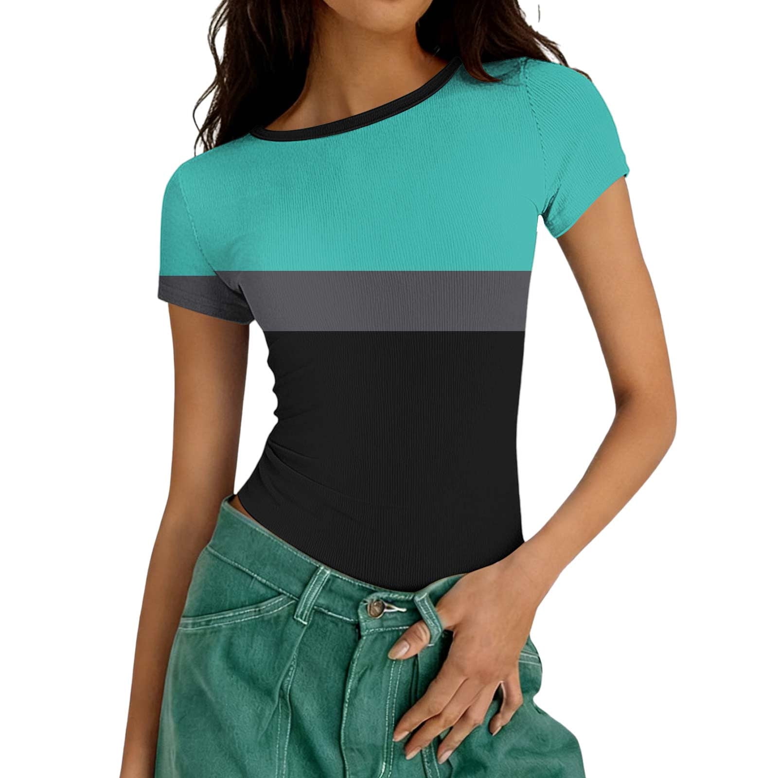 Fengqque Women's Short Sleeve Tops,Rib Crop Tops for Women Round Neck ...