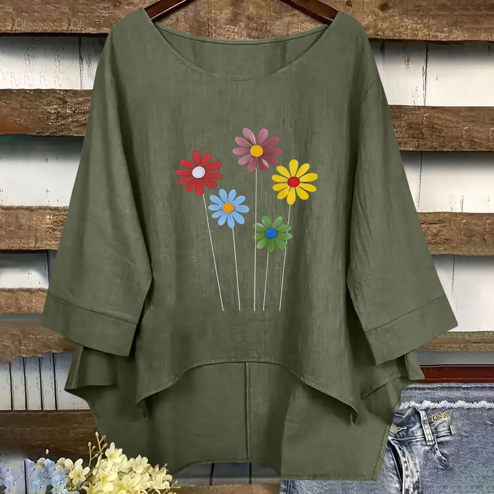 Fengqque Women's Short Sleeves,Women's Cotton Linen Tops Printed Round ...