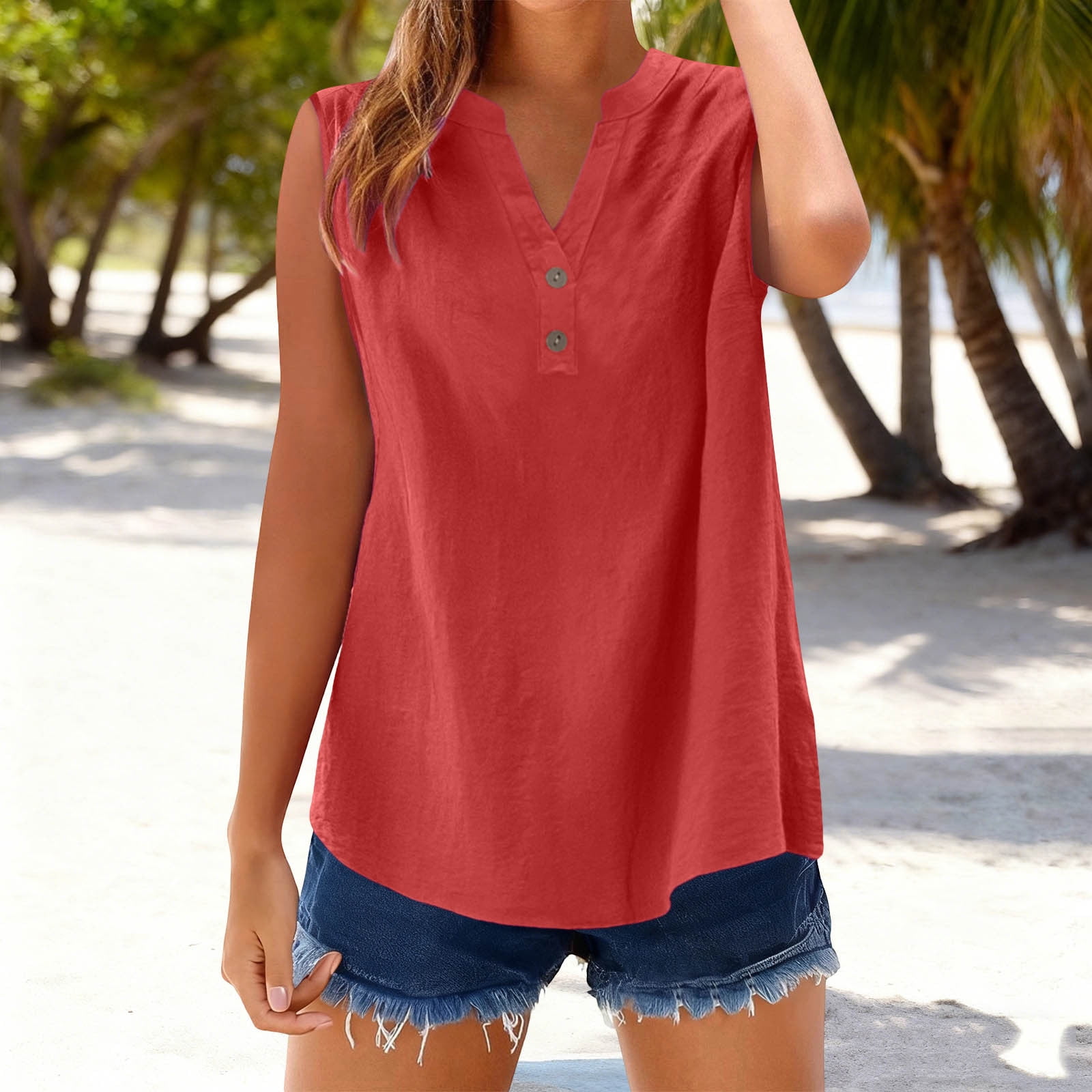 Fengqque Women's Solid Color Linen-cotton Sleeveless V-neck Casual ...