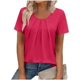 Fengqque Women's Solid Color Short Sleeve Round Neck Chest Pleated ...