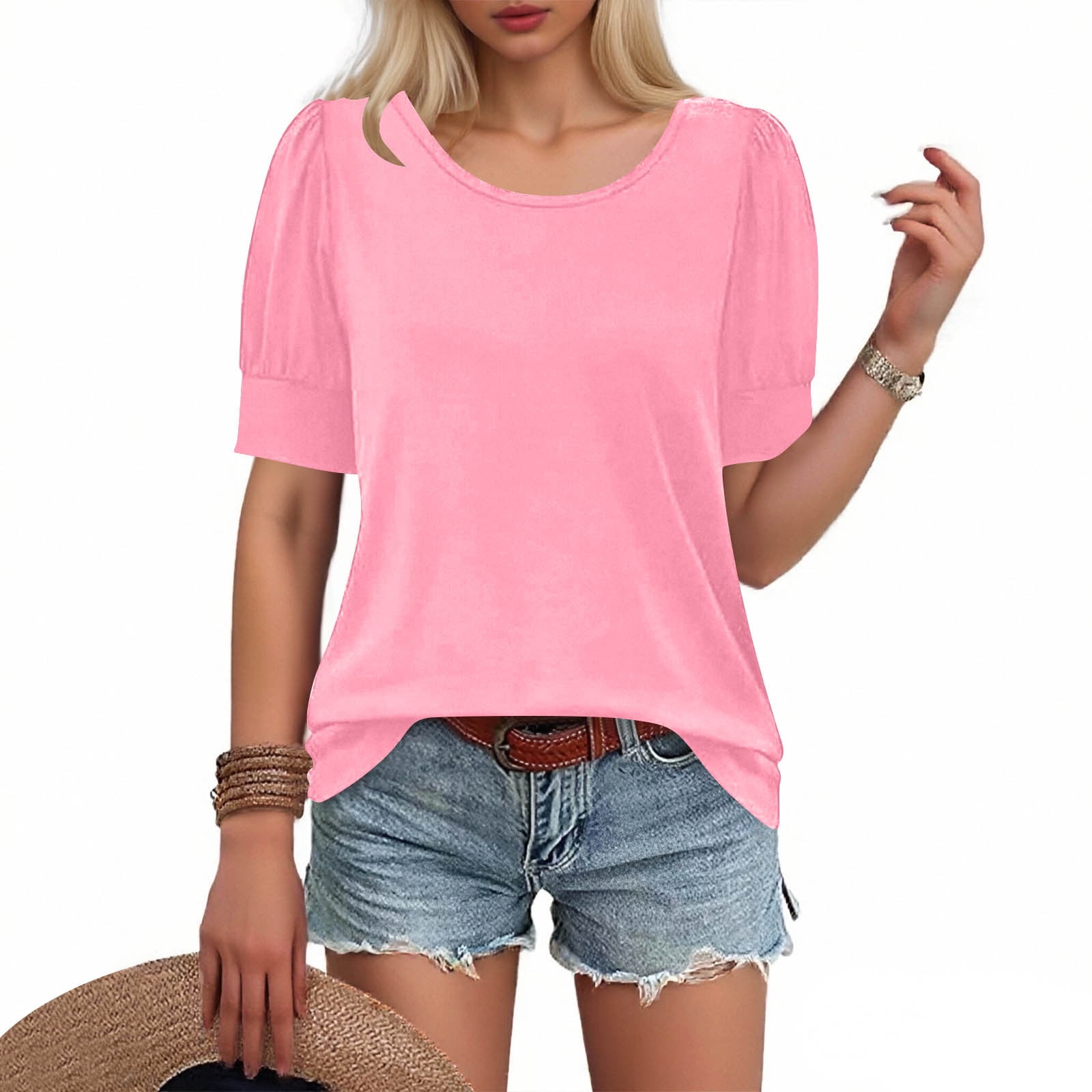 Fengqque Women's Spring Summer Fashion Leisure Solid Color Short Sleeve ...