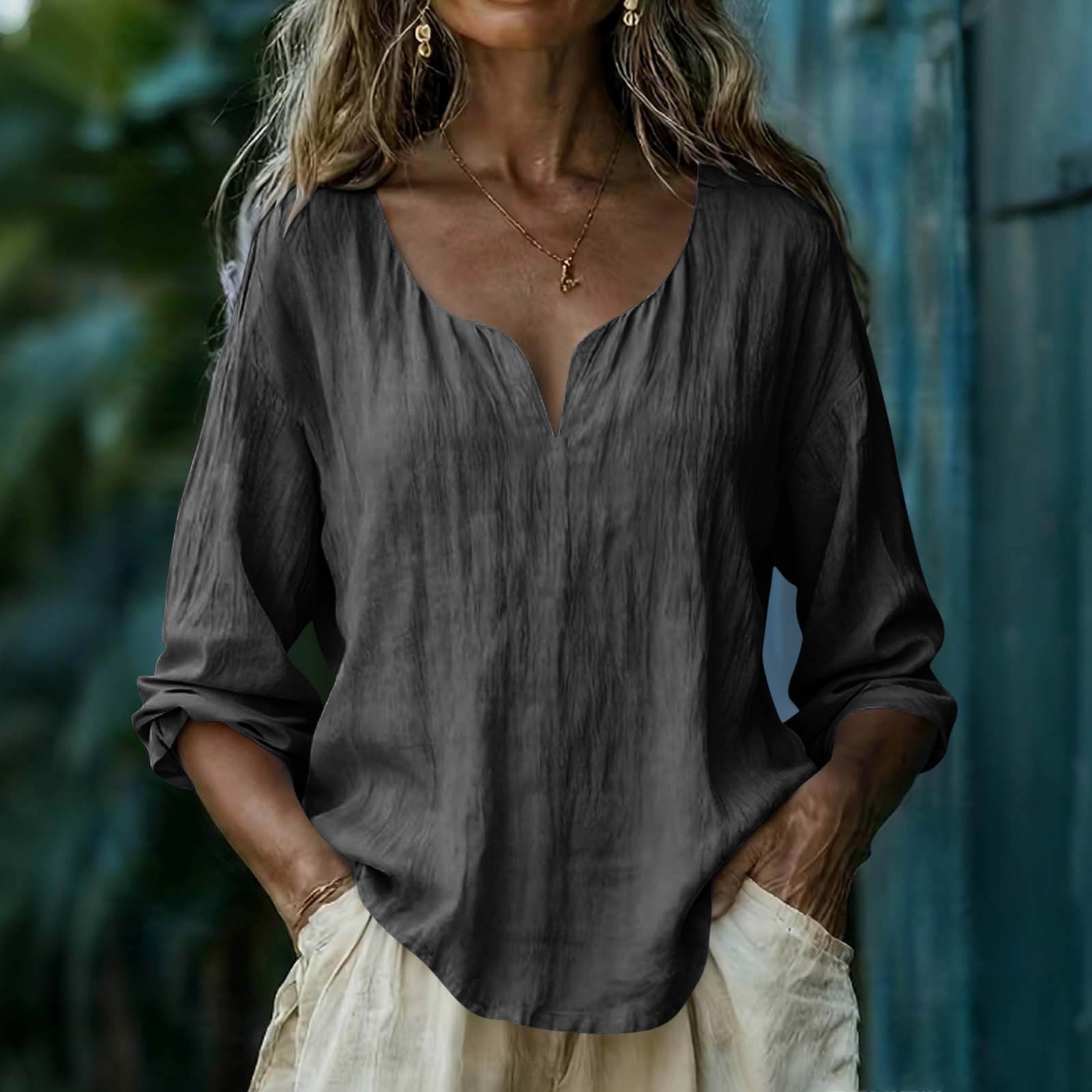 Fengqque Women's Spring and Summer V-Neck Long-Sleeved Loose T-Shirt ...