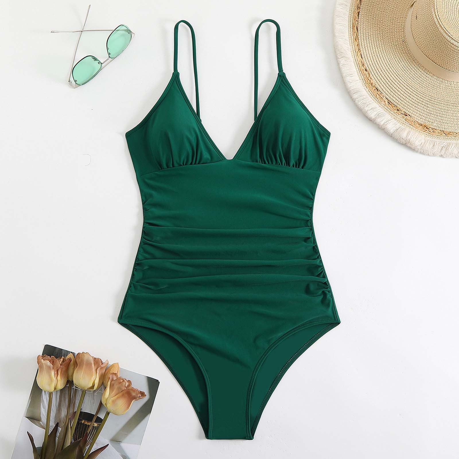 Fengqque Women's Straps Wrinkle V Neck One Piece Swimsuit High Cut ...
